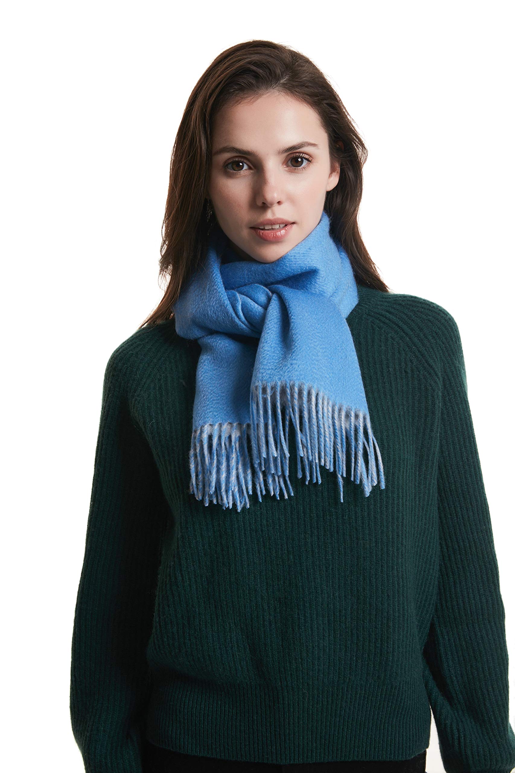 EURKEA 100% Cashmere 2024 Winter Scarf for Women, Fringed Edges, Warm & Soft, Lightweight, Gift Ready, Solid/Plaid/Two-Tone, Blue_Solid, Free Size
