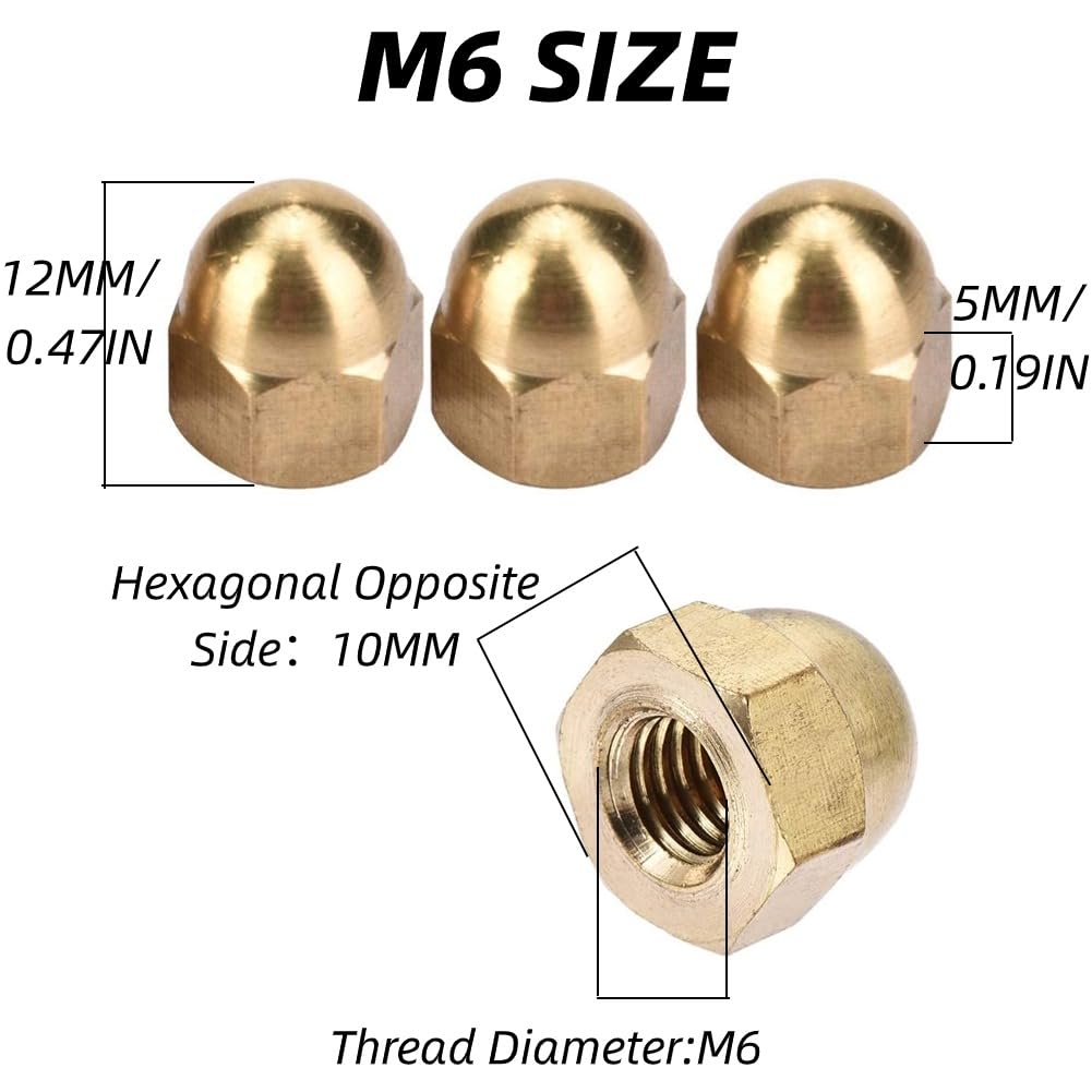 Brass Acorn Nut Kit Dome Head Hex Nuts Set Vehicle Fasteners M3- Fix Tires (M6, 20pcs)