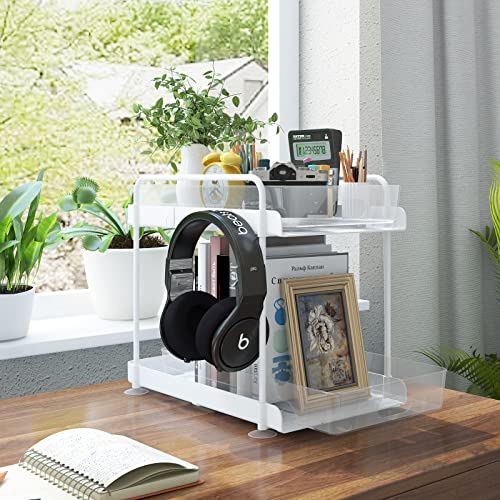 Alwytlon Pull Out Under Sink Organizer, Sliding Cabinet Basket Organizer, 2 Tier Clear Under Bathroom Storage Rack with Hooks, Multi-purpose Storage Shelf for Bathroom Kitchen, transparent & White