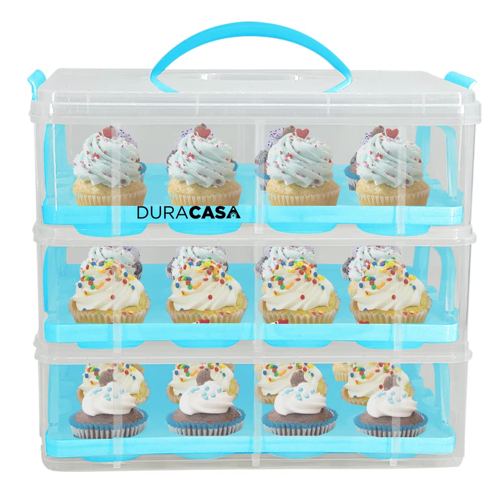 DuraCasa Cupcake Carrier, Cupcake Holder | Premium Upgraded Model Holds Cupcakes Steadier | Store up to 36 Cupcakes or Muffins | Stacking Cupcake Storage Container | Use 1,2, or 3 Tiers (Blue)