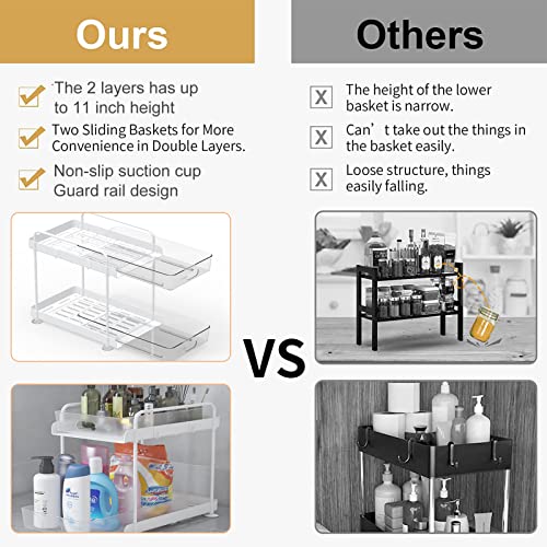 Alwytlon Pull Out Under Sink Organizer, Sliding Cabinet Basket Organizer, 2 Tier Clear Under Bathroom Storage Rack with Hooks, Multi-purpose Storage Shelf for Bathroom Kitchen, transparent & White