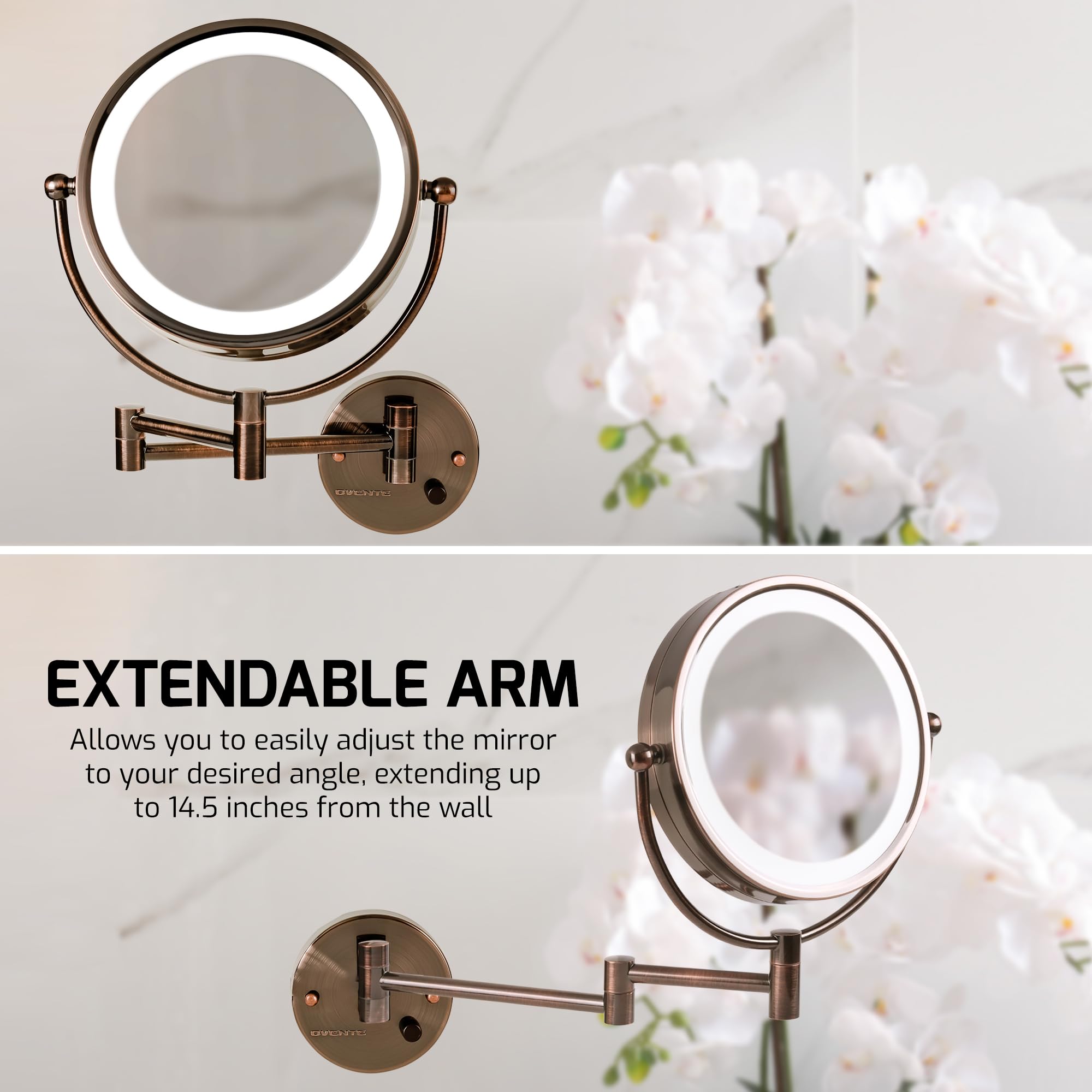OVENTE 9" Lighted Wall Mount Makeup Mirror with 1X/7X Magnification, Double Sided Magnifying Bathroom Mirror, LED Glow Light, 360° Swivel Design, Extendable Folding Arm, Antique Brass MPWD3185AB1X7X