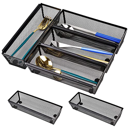 9 x 3 x 2 Inch Silverware Drawer Organizer, 6 Pcs Metal Mesh Drawer Organizer for Kitchen, Black Utensil Organizer, Silverware Tray with Interlocking Arm for Flatware Knives Forks and Spoons