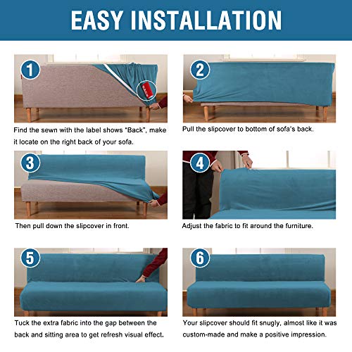 H.VERSAILTEX Real Velvet Futon Cover Armless Sofa Covers Sofa Bed Covers Stretch Futon Couch Cover Sofa Slipcover Furniture Protector Thick Soft Velvet Fabric Form Fitted Stay in Place, Peacock Blue