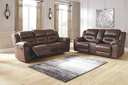 Signature Design by Ashley Stoneland Faux Leather Manual Double Reclining Loveseat with Center Console, Dark Brown