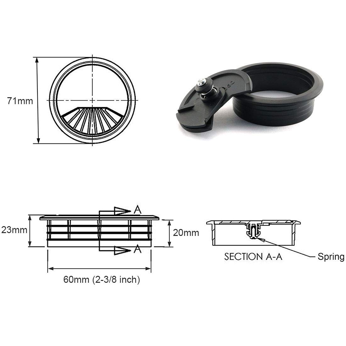 HJ Garden 2pcs 2.8"L x 2.8"W inch Desk Wire Cord Cable Grommets Hole Cover for Office PC Desk Cable Cord Organizer Plastic Cover Black