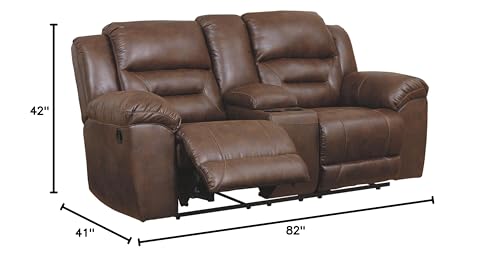 Signature Design by Ashley Stoneland Faux Leather Manual Double Reclining Loveseat with Center Console, Dark Brown