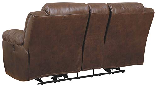 Signature Design by Ashley Stoneland Faux Leather Manual Double Reclining Loveseat with Center Console, Dark Brown
