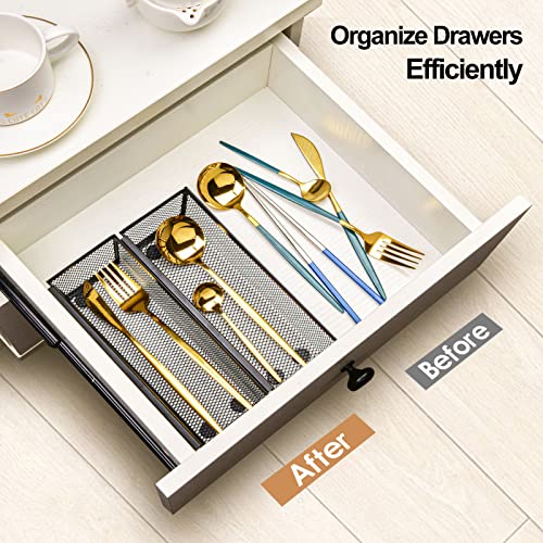 9 x 3 x 2 Inch Silverware Drawer Organizer, 6 Pcs Metal Mesh Drawer Organizer for Kitchen, Black Utensil Organizer, Silverware Tray with Interlocking Arm for Flatware Knives Forks and Spoons