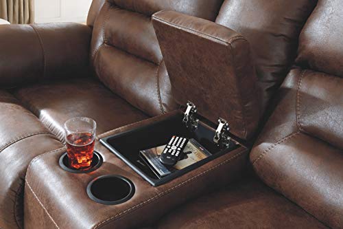 Signature Design by Ashley Stoneland Faux Leather Manual Double Reclining Loveseat with Center Console, Dark Brown