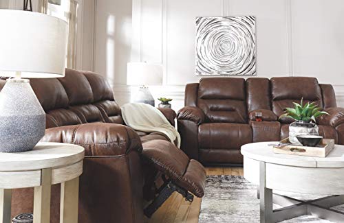 Signature Design by Ashley Stoneland Faux Leather Manual Double Reclining Loveseat with Center Console, Dark Brown
