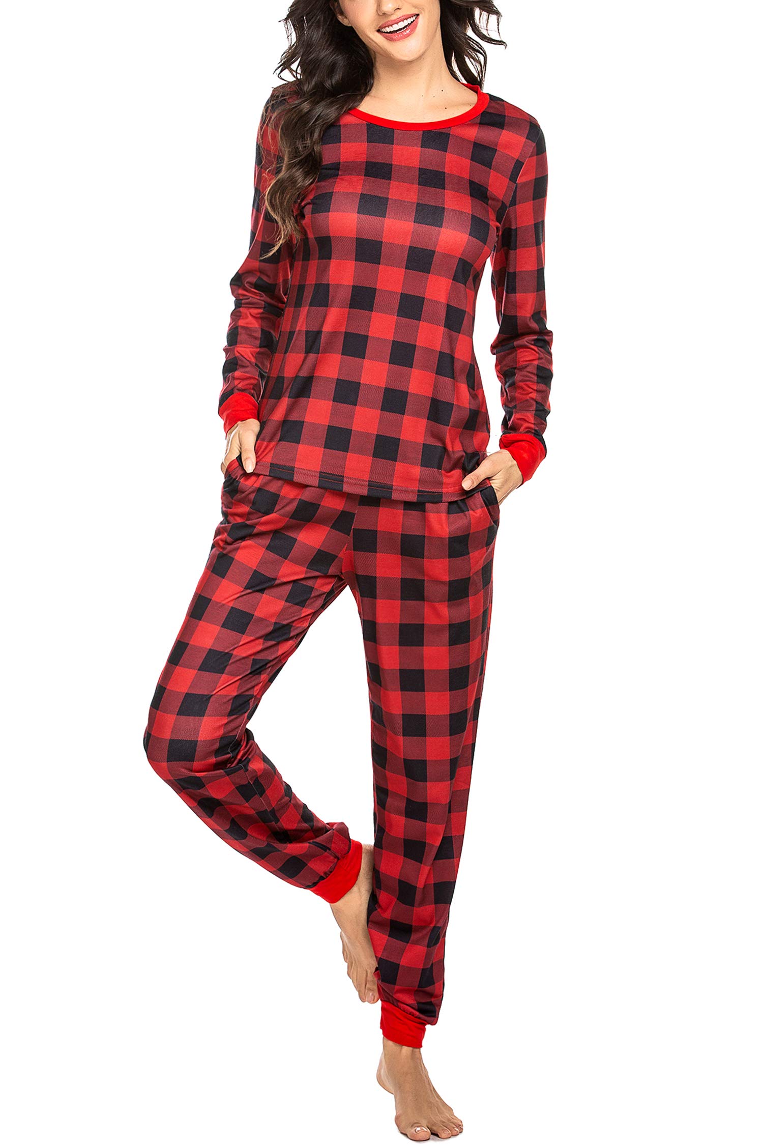 Ekouaer Womens Pajamas Sets Long Sleeve Tops with Jogger Pants Soft Pjs Lounge Set Outfits with Pockets Red Big Plaid S