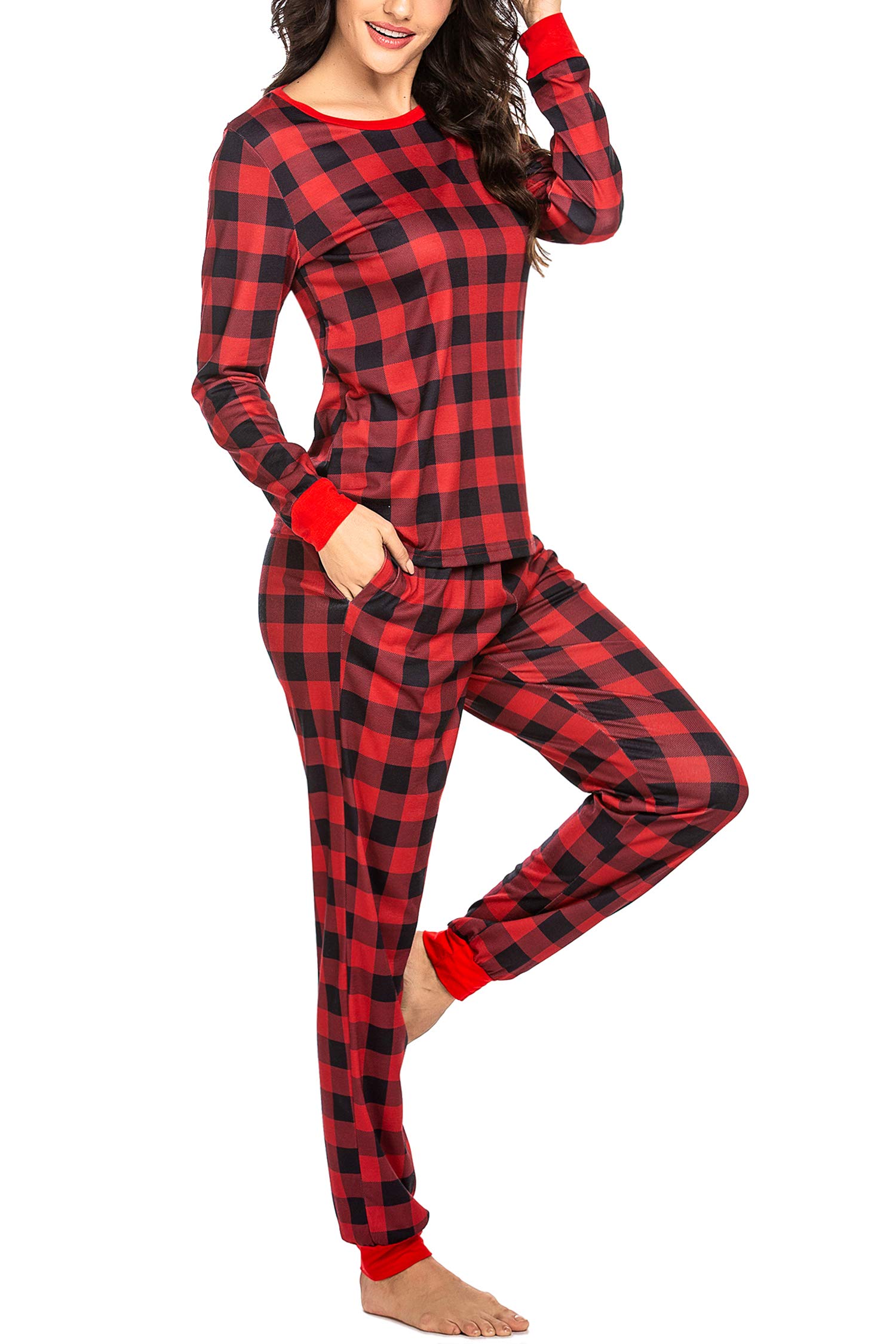 Ekouaer Womens Pajamas Sets Long Sleeve Tops with Jogger Pants Soft Pjs Lounge Set Outfits with Pockets Red Big Plaid S