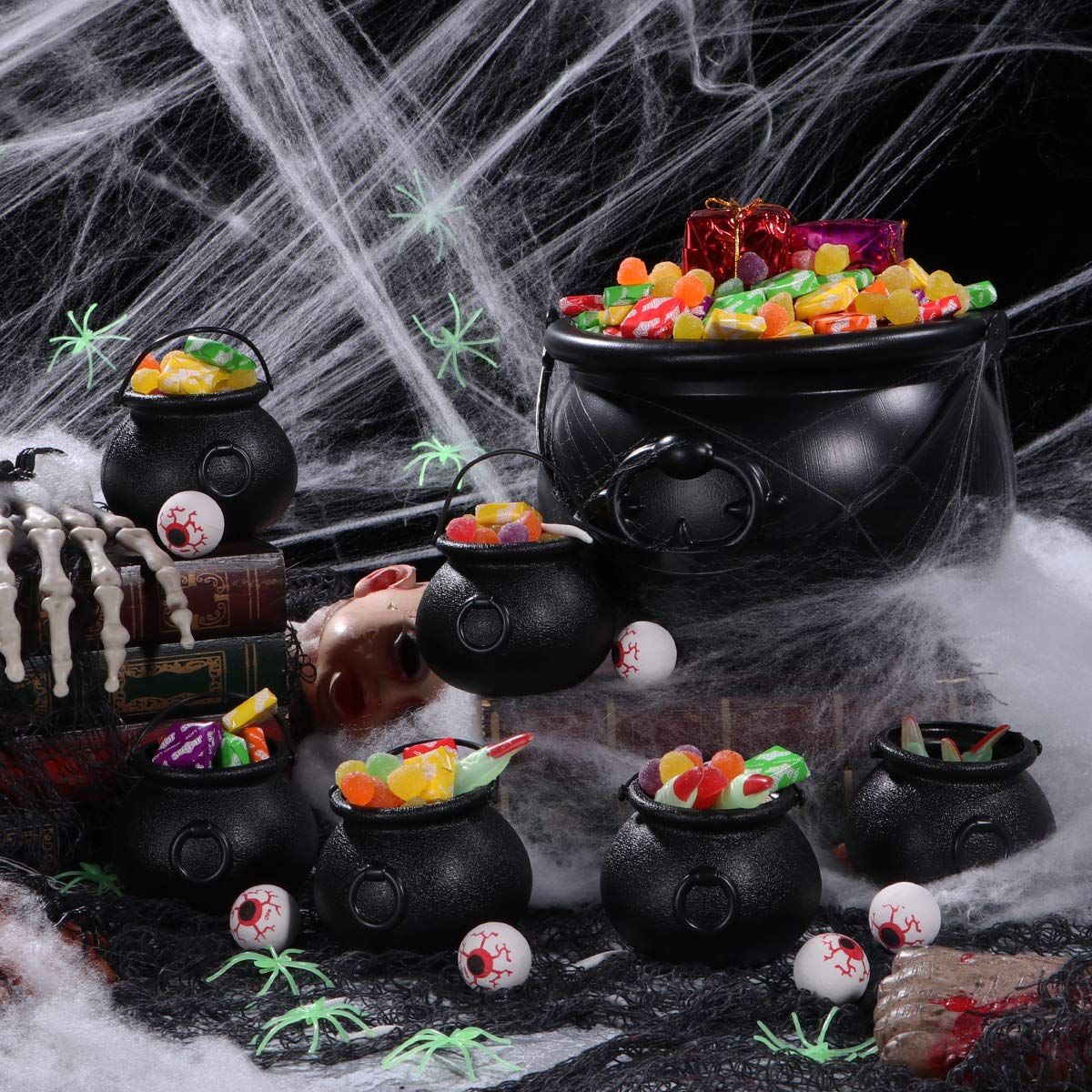 7Pack Halloween Cauldron with Handle Black Cauldron Candy Bucket Candy Kettle for Halloween St Patrick Day Party Decoration attached 6PCS Eyeballs
