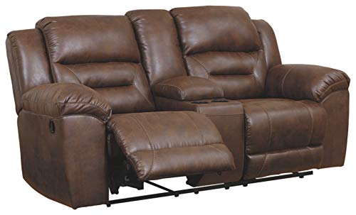 Signature Design by Ashley Stoneland Faux Leather Manual Double Reclining Loveseat with Center Console, Dark Brown