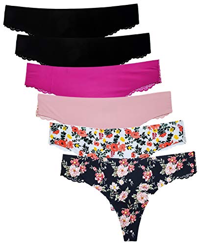 B2BODY Women's Regular & Plus Size Sexy Lace Back Seamless Thong Panties Pack of 6 (4XL, Vintage)