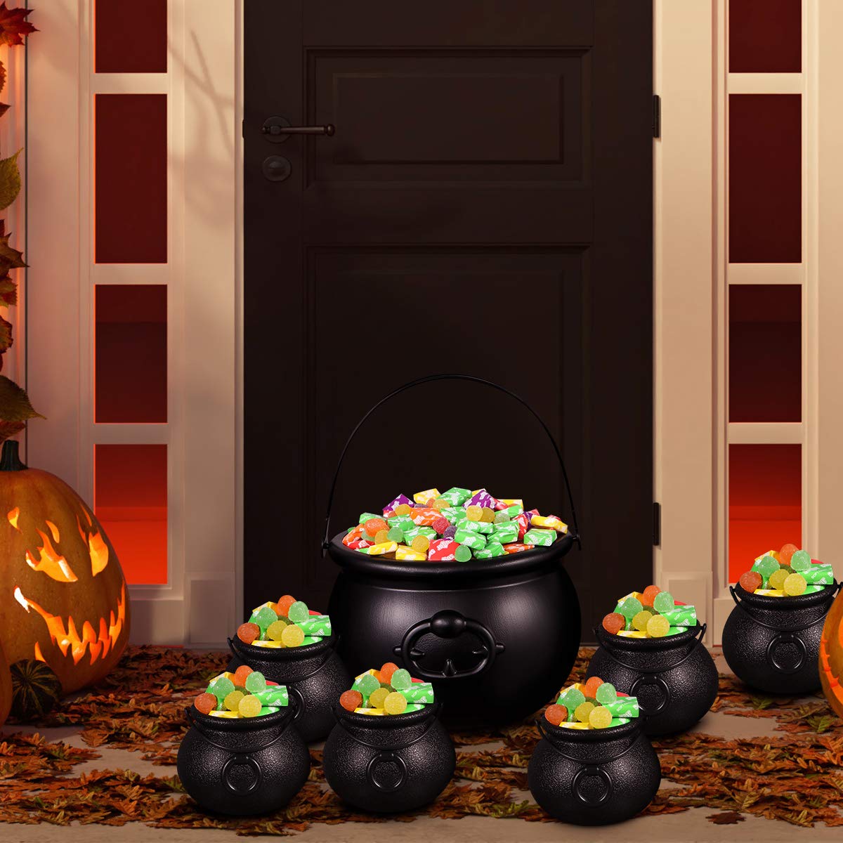 7Pack Halloween Cauldron with Handle Black Cauldron Candy Bucket Candy Kettle for Halloween St Patrick Day Party Decoration attached 6PCS Eyeballs