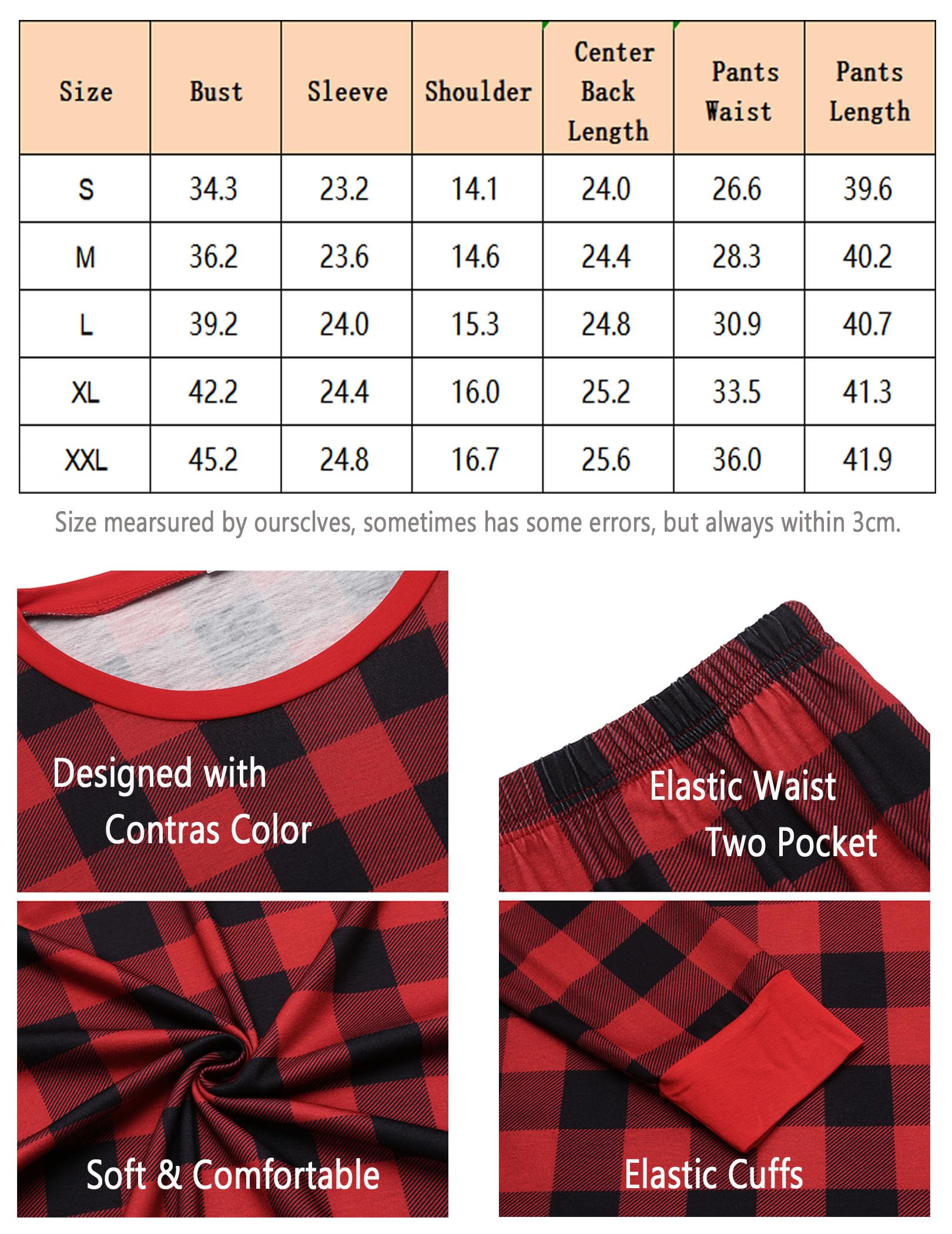 Ekouaer Womens Pajamas Sets Long Sleeve Tops with Jogger Pants Soft Pjs Lounge Set Outfits with Pockets Red Big Plaid S