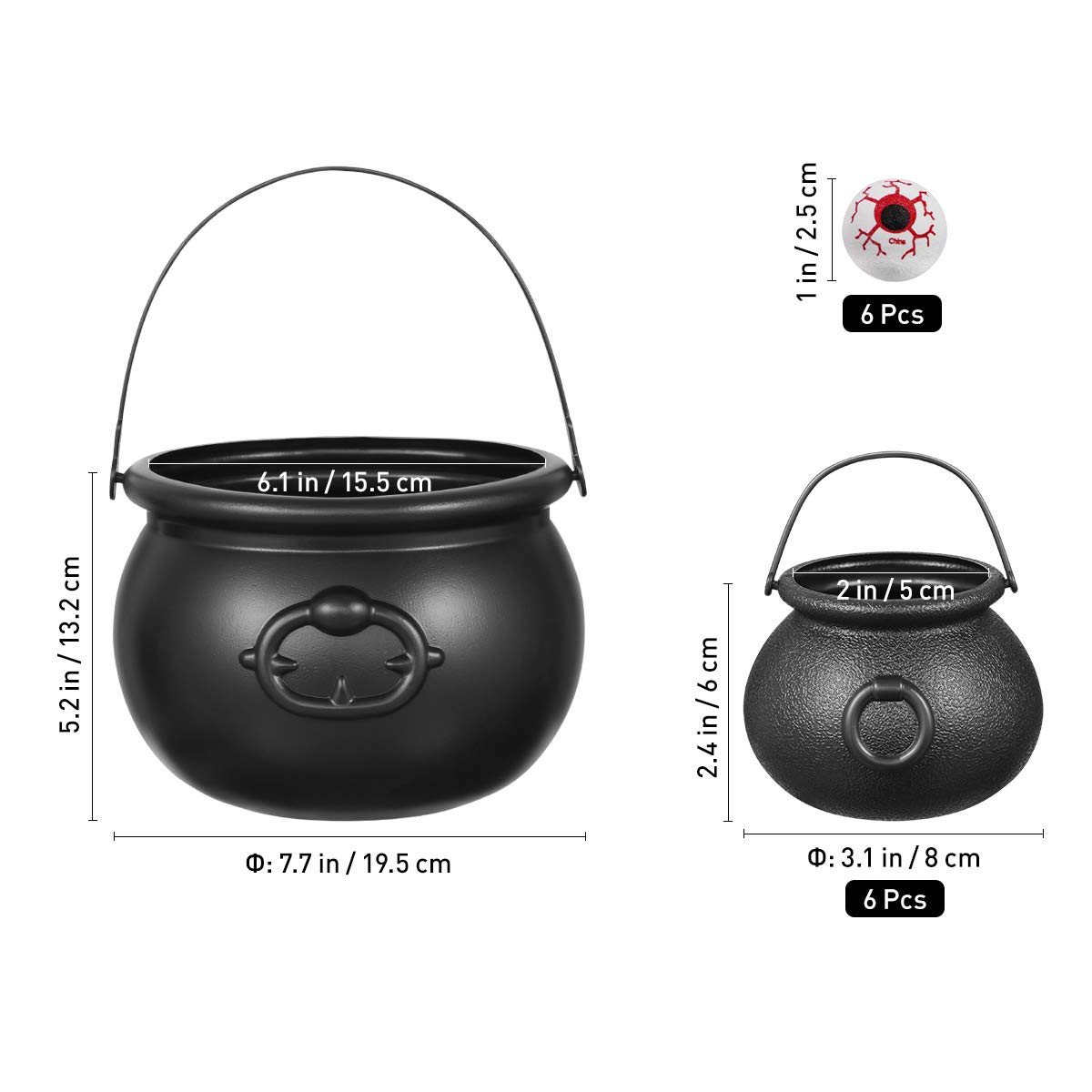 7Pack Halloween Cauldron with Handle Black Cauldron Candy Bucket Candy Kettle for Halloween St Patrick Day Party Decoration attached 6PCS Eyeballs