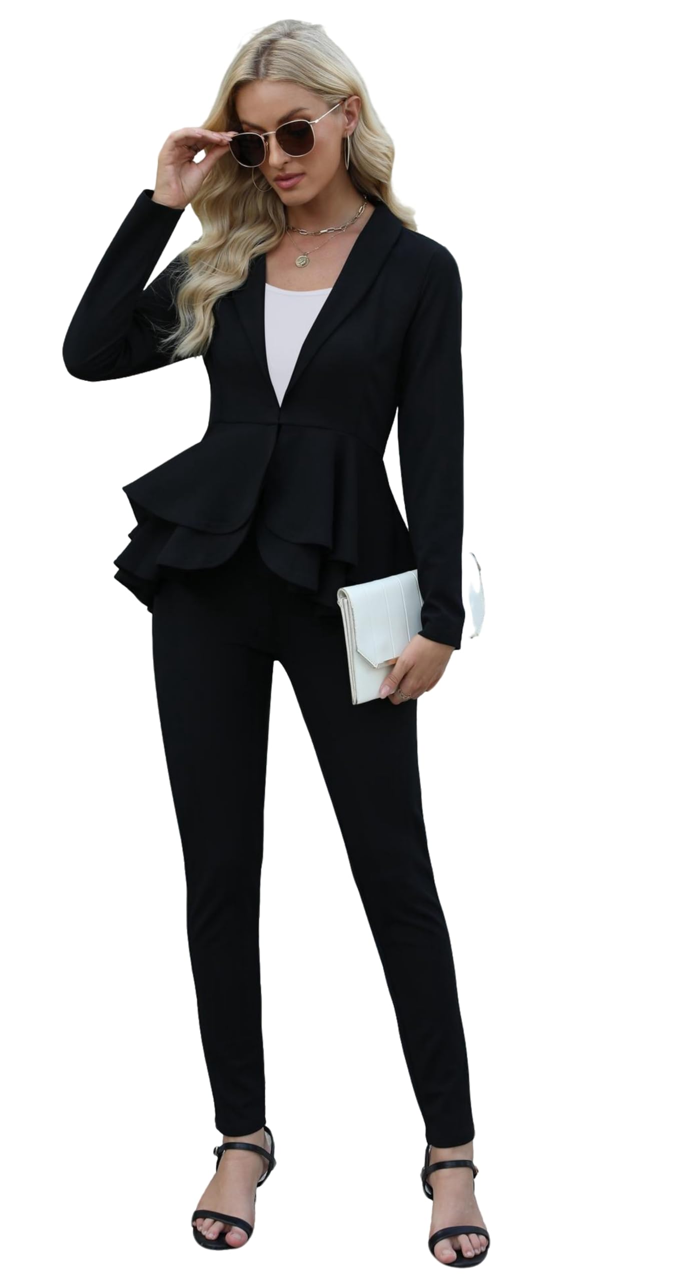 Salimdy Sexy 2 Piece Outfits for Women Long Sleeve Solid Blazer with Pants Casual Elegant Business Suit Sets Black M