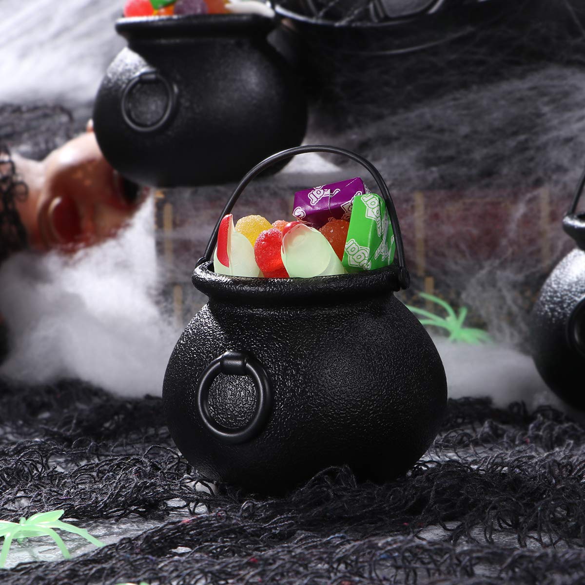 7Pack Halloween Cauldron with Handle Black Cauldron Candy Bucket Candy Kettle for Halloween St Patrick Day Party Decoration attached 6PCS Eyeballs