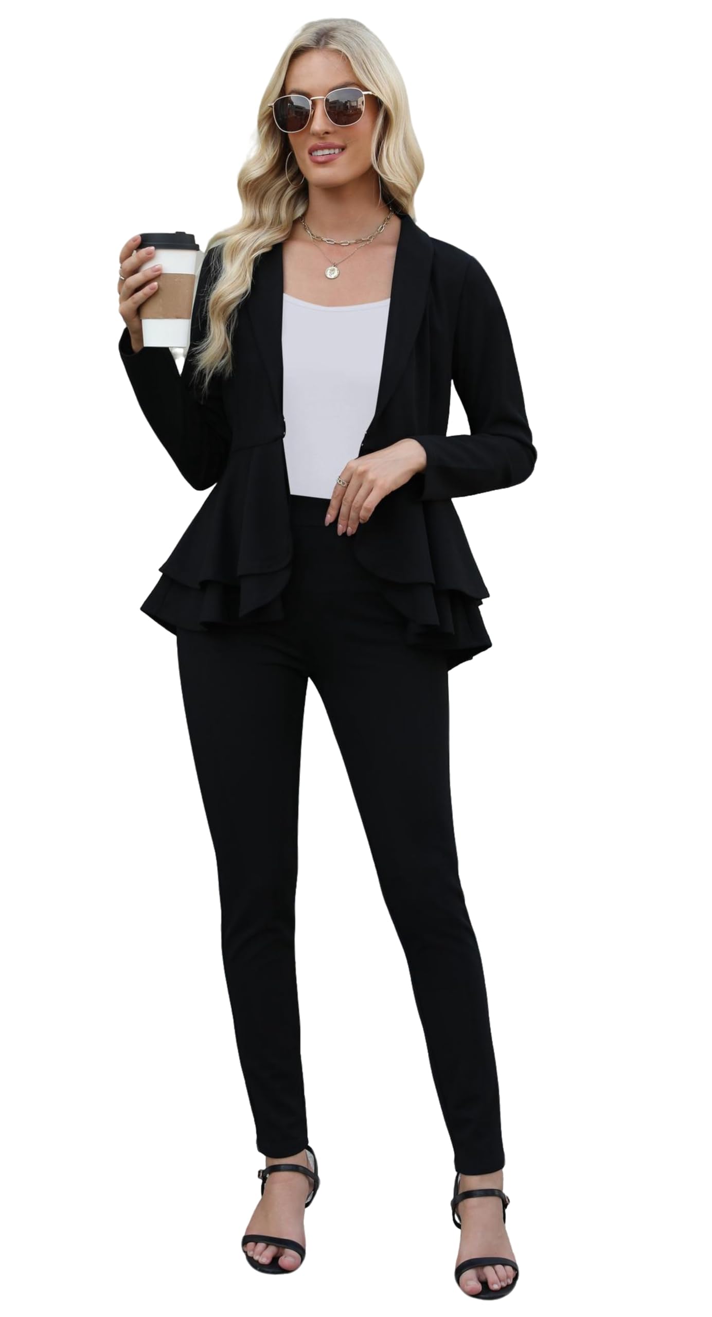Salimdy Sexy 2 Piece Outfits for Women Long Sleeve Solid Blazer with Pants Casual Elegant Business Suit Sets Black M