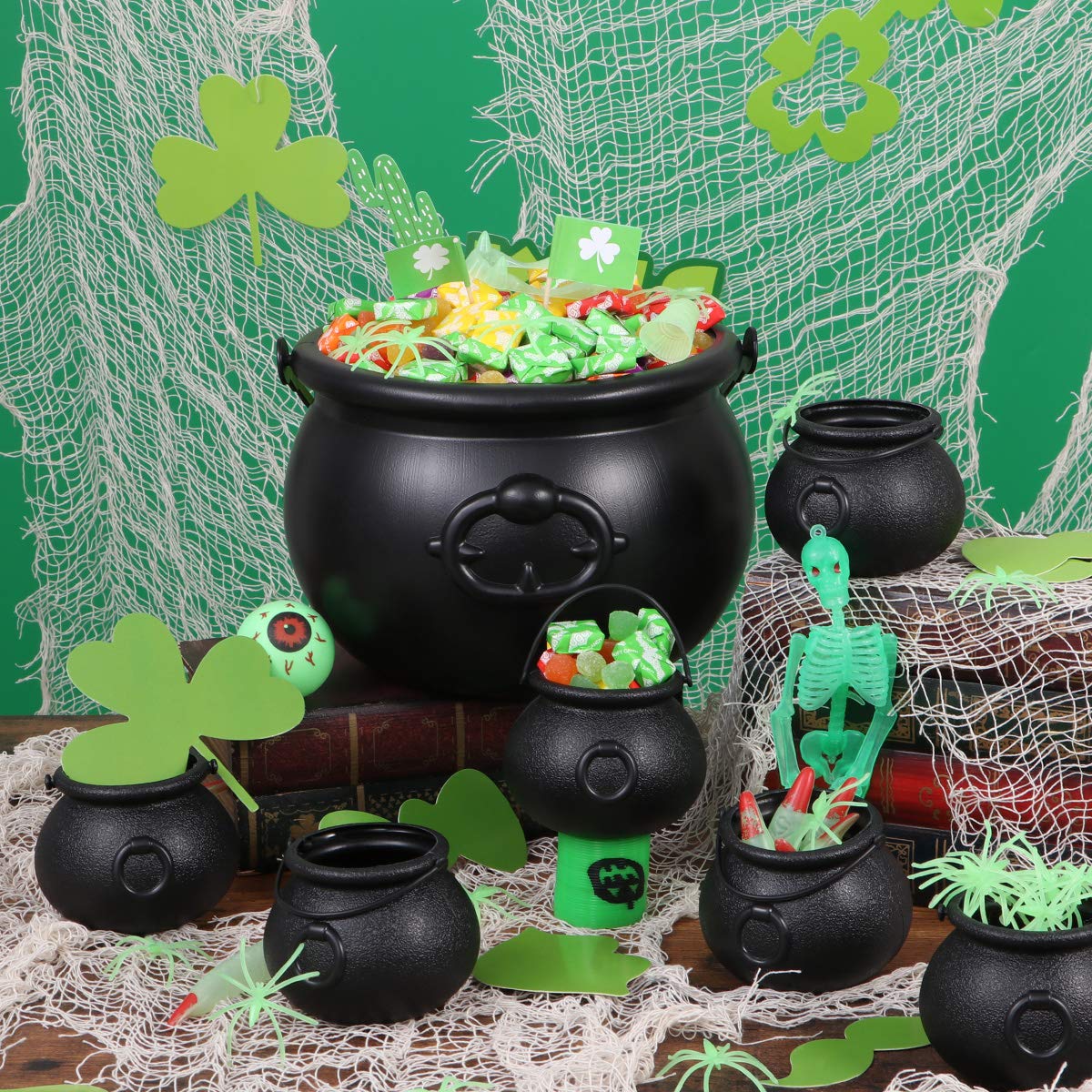 7Pack Halloween Cauldron with Handle Black Cauldron Candy Bucket Candy Kettle for Halloween St Patrick Day Party Decoration attached 6PCS Eyeballs