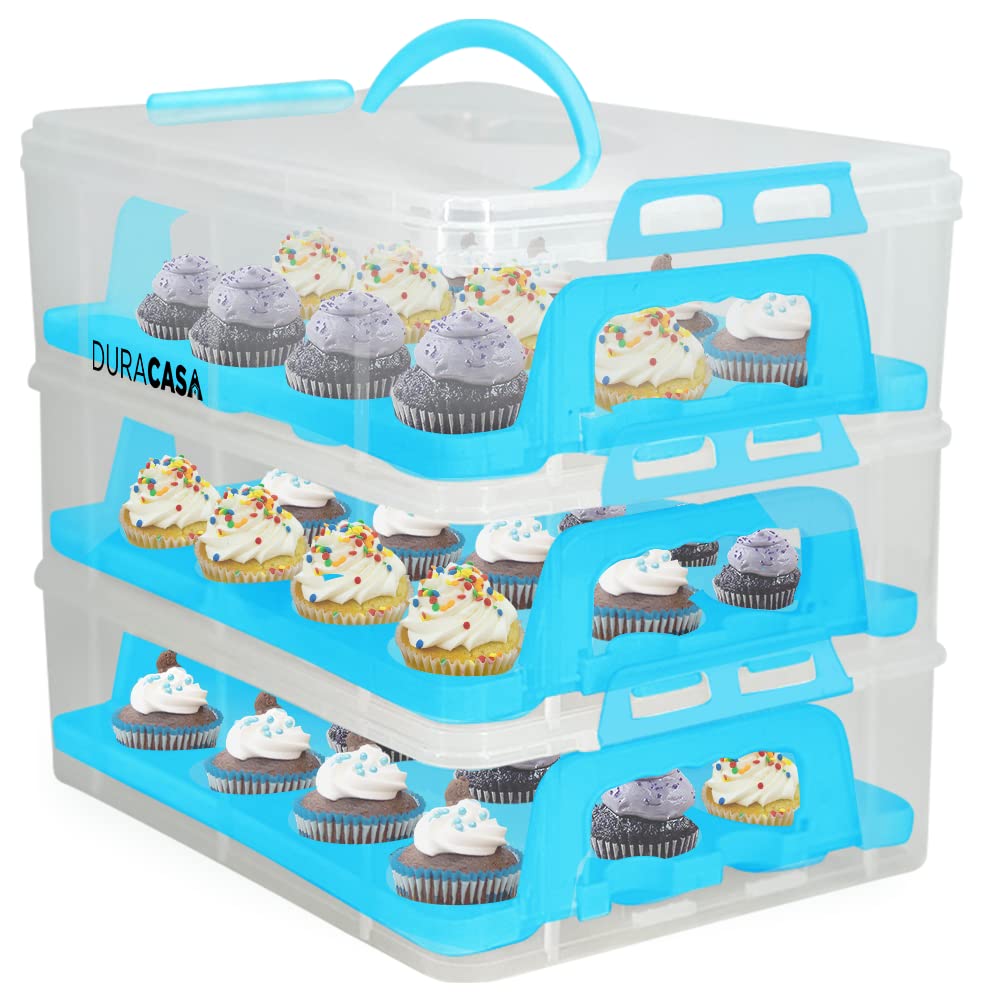DuraCasa Cupcake Carrier, Cupcake Holder | Premium Upgraded Model Holds Cupcakes Steadier | Store up to 36 Cupcakes or Muffins | Stacking Cupcake Storage Container | Use 1,2, or 3 Tiers (Blue)