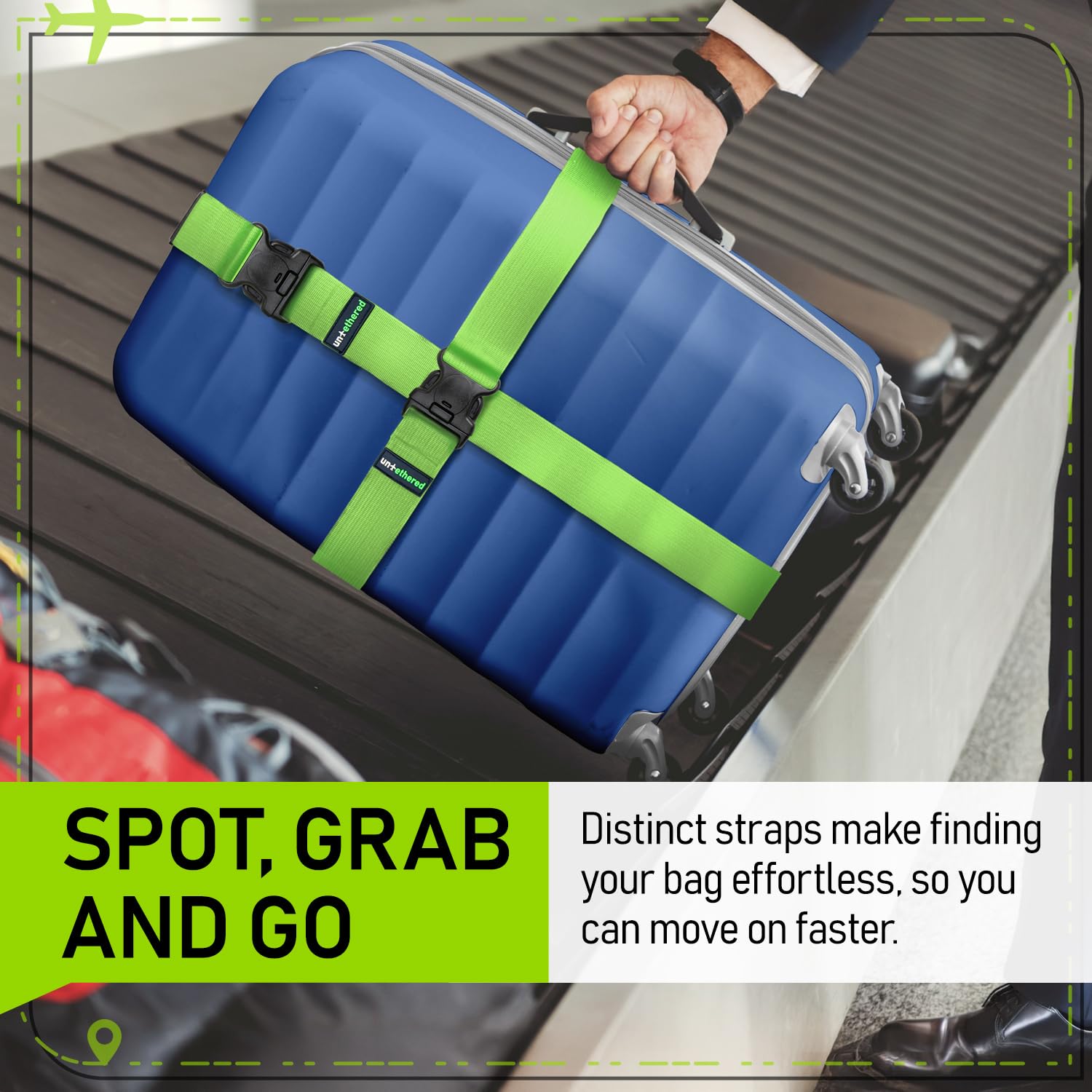 Untethered 4-Pack Luggage Straps | Durable TSA-Approved Suitcase Belt Straps | Adjustable Bag Straps for Secure Luggage Wrapping | Heavy-Duty Buckle Straps for Travel