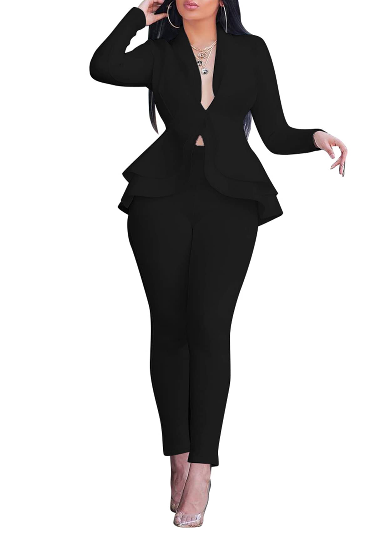 Salimdy Sexy 2 Piece Outfits for Women Long Sleeve Solid Blazer with Pants Casual Elegant Business Suit Sets Black M