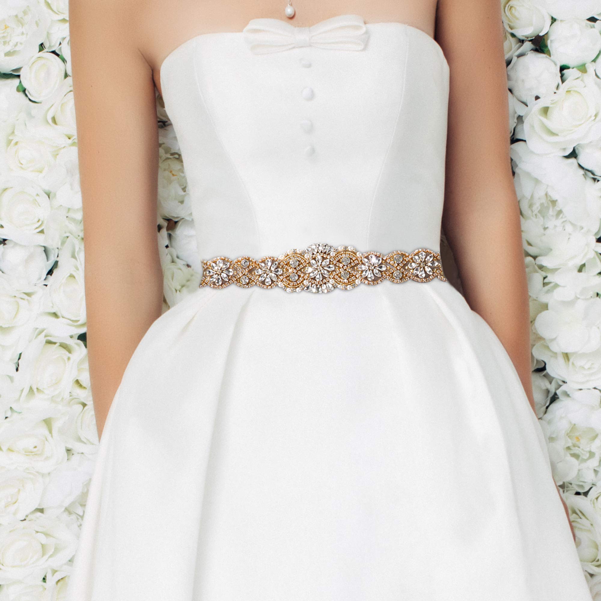 yanstar Bridal Rhinestone Wedding Belts Hand Clear Crystal 22In Length with Ivory Organza Ribbon for Bridal Gowns