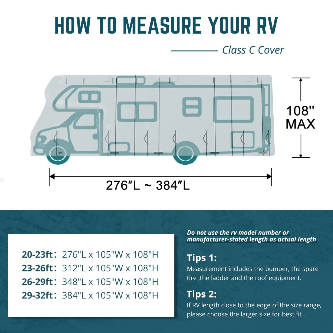 KING BIRD Upgraded Class C RV Cover, Extra-Thick 5 Layers Anti-UV Top Panel, Durable Camper Cover, Fits 20'- 23' Motorhome -Breathable, Water-Proof, Rip-Stop with 2Pcs Extra Straps & 4 Tire Covers
