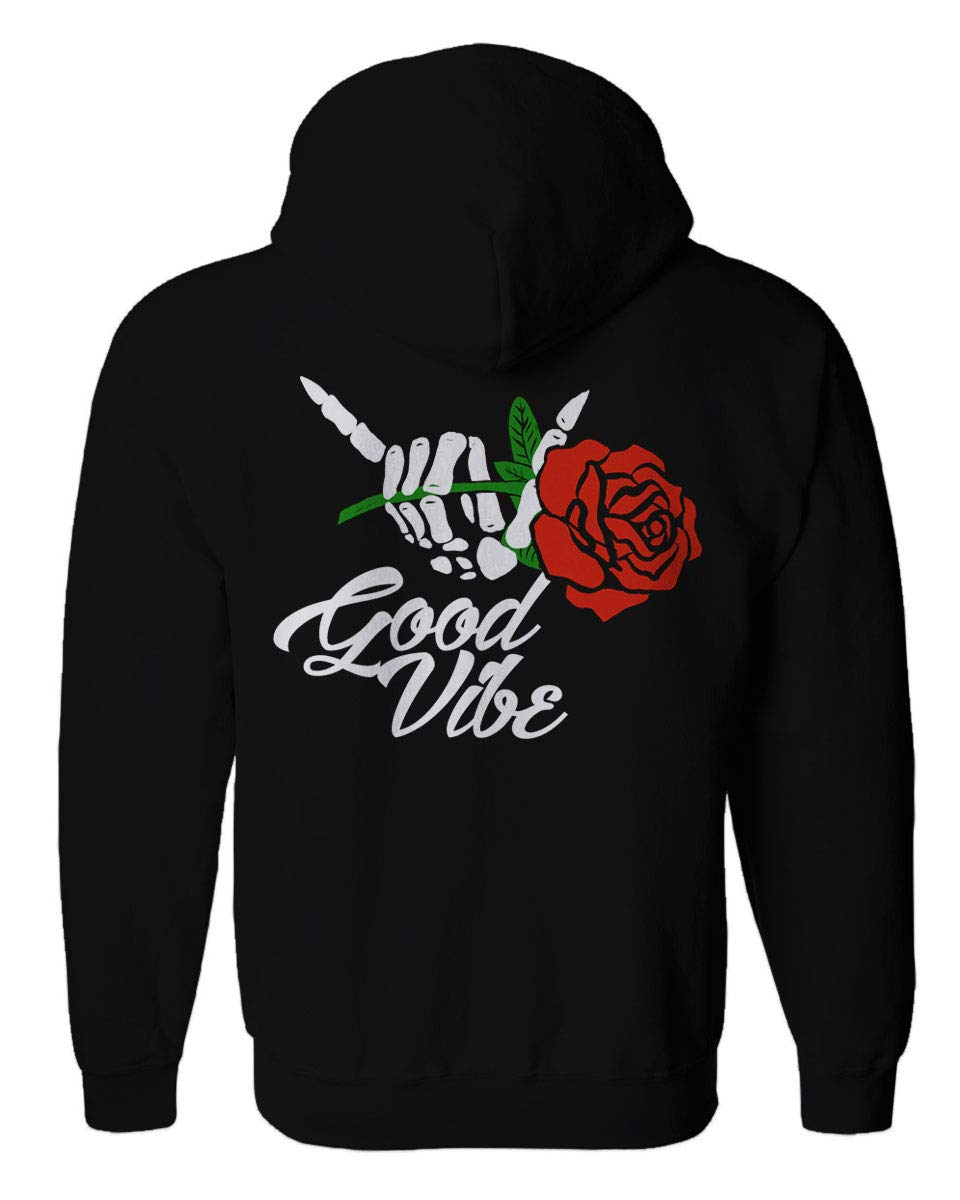Good Vibe Flowers Bones Hand Shaka Cool Vintage Hipster Graphic Hoodie (Black, Small)