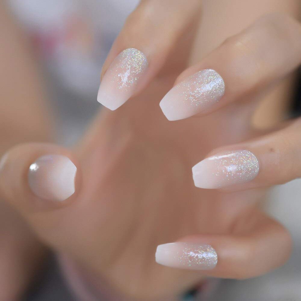 Coolnail Holo Glitter Pink Nude French Ballerina Coffin False Nails Gradient Natural Press on Fake Nails Tips Daily Office Finger Wear