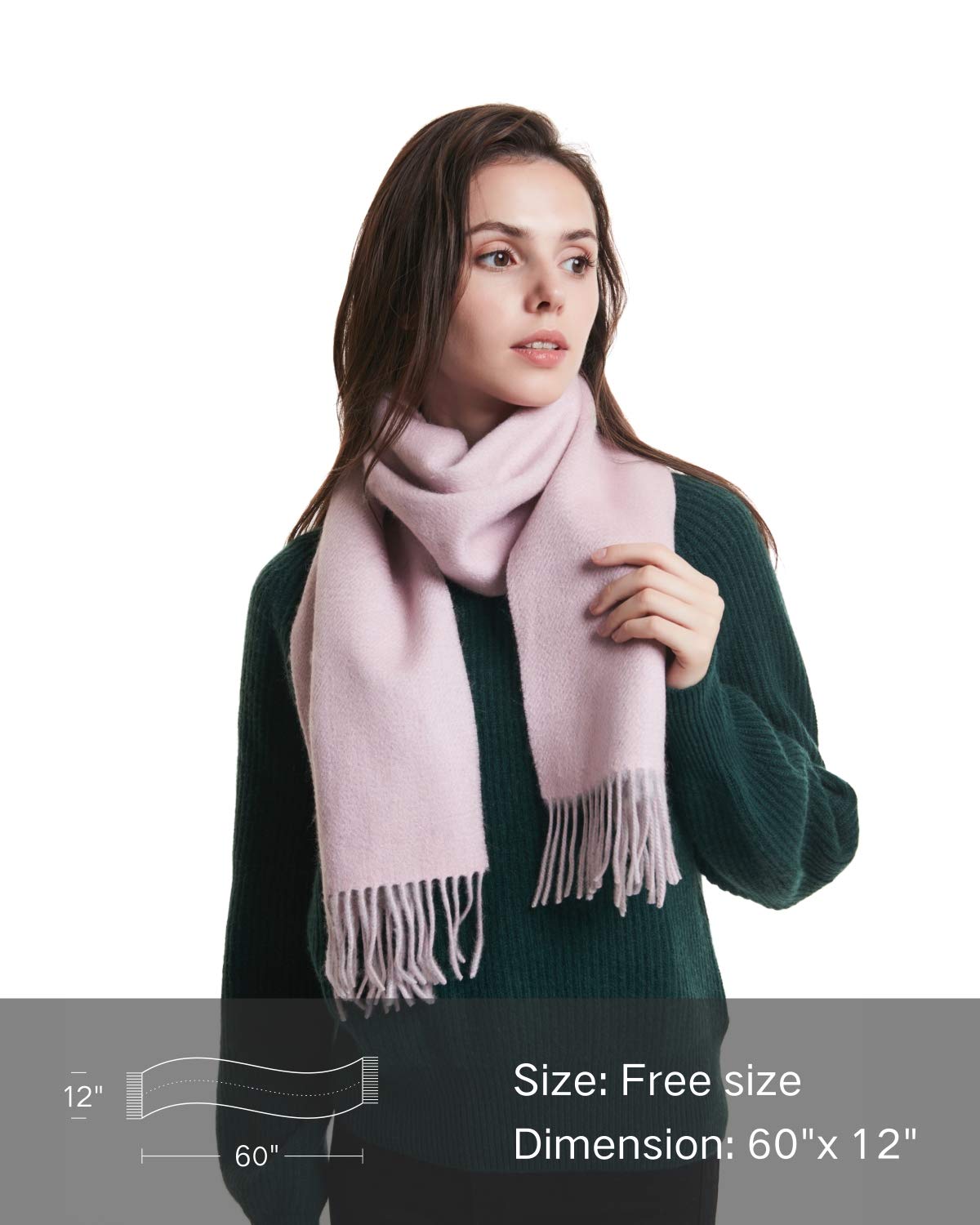 EURKEA 100% Cashmere 2024 Winter Scarf for Women, Fringed Edges, Warm & Soft, Lightweight, Gift Ready, Solid/Plaid/Two-Tone, Pink, Free Size