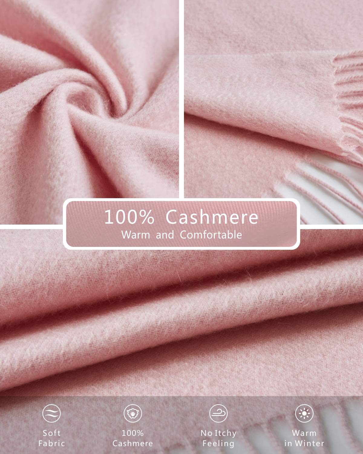 EURKEA 100% Cashmere 2024 Winter Scarf for Women, Fringed Edges, Warm & Soft, Lightweight, Gift Ready, Solid/Plaid/Two-Tone, Pink, Free Size