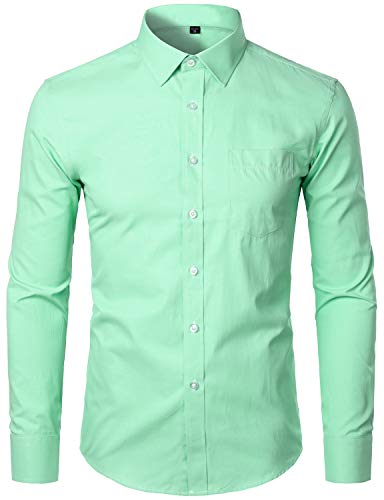 ZEROYAA Men's Long Sleeve Micro Twill Dress Shirt Basic Slim Fit Button Up Business Formal Shirts with Pocket ZYSGCL02 Light Green Medium