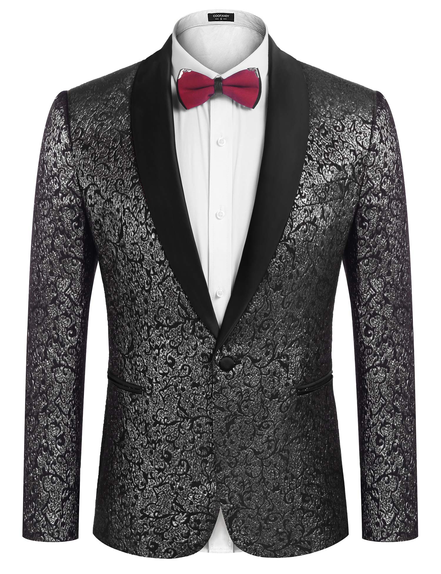 COOFANDY Mens Floral Tuxedo Jacket Jacquard Formal Blazer Homecoming Dress Suit Blazer Slim Fit for Christmas Prom Wedding Homecoming Silver