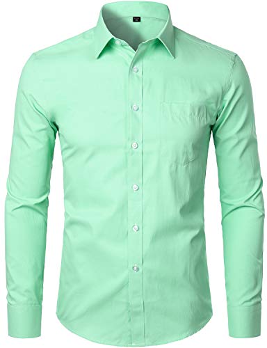 ZEROYAA Men's Long Sleeve Micro Twill Dress Shirt Basic Slim Fit Button Up Business Formal Shirts with Pocket ZYSGCL02 Light Green Medium
