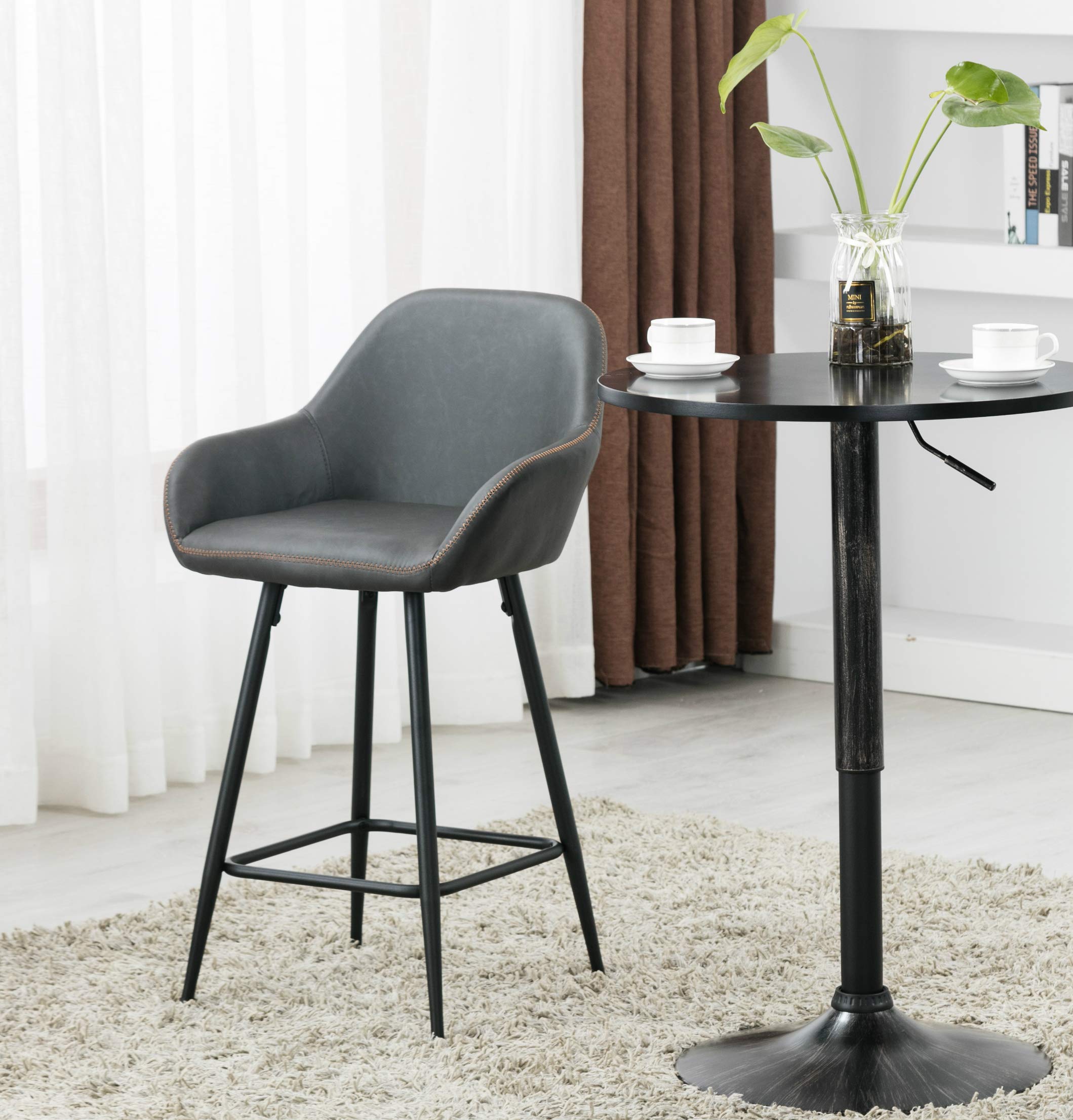 BTEXPERT Set of 2, 29 inch Bucket Upholstered Accent Dining Bar Chair, Vintage Gray Barstools (2) (5091H-2)