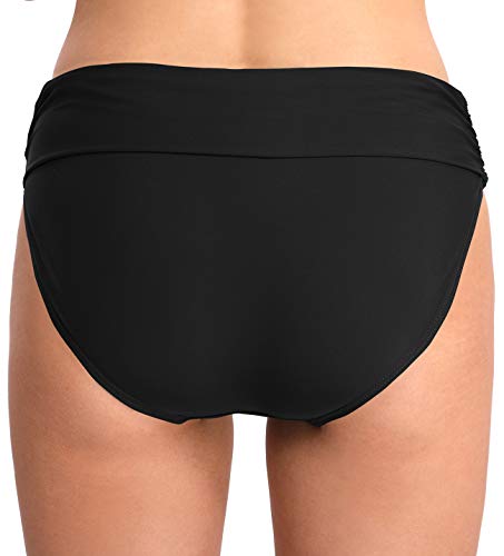 Vogueric Women's Bikini Bottoms Banded Swimsuit Bottom Full Coverage Ruched Swim Bottoms Moderate High Cut Bathing Suit Bottom Black Medium