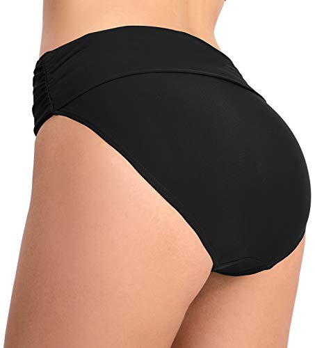 Vogueric Women's Bikini Bottoms Banded Swimsuit Bottom Full Coverage Ruched Swim Bottoms Moderate High Cut Bathing Suit Bottom Black Medium