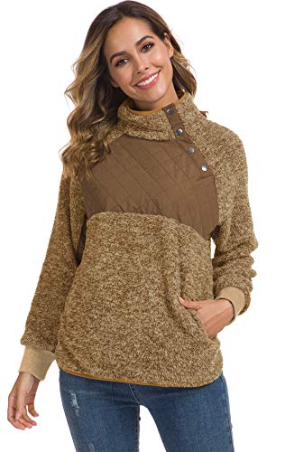 VIISHOW Womens Fashion Oversize Fluffy Fleece Sweatshirt Pullover Outwear With Pockets Brownish Yellow X-Small