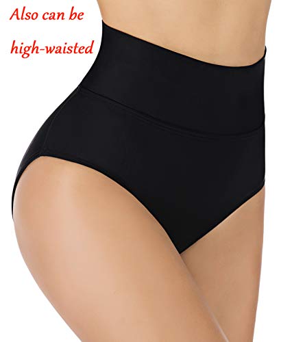 Vogueric Women's Bikini Bottoms Banded Swimsuit Bottom Full Coverage Ruched Swim Bottoms Moderate High Cut Bathing Suit Bottom Black Medium