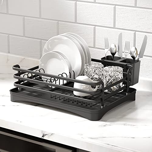 HOWDIA Dish Drying Rack, Aluminum Rust Proof Dish Rack with Swivel Spout Drying Tray, Removable Cutlery Holder for Kitchen Counter