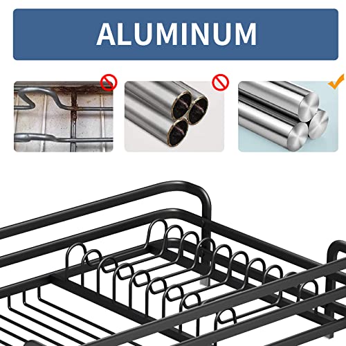 HOWDIA Dish Drying Rack, Aluminum Rust Proof Dish Rack with Swivel Spout Drying Tray, Removable Cutlery Holder for Kitchen Counter