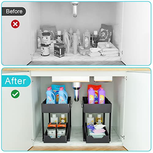 petisal 2-PACK Under Sink Organizers and Storage with Sliding Drawer，2-Tier Bathroom Under Sink Shelf Rack,Multi-Functional Cabinet Storage Space Saver For Kitchen/Bathroom/Bedroom/Office.