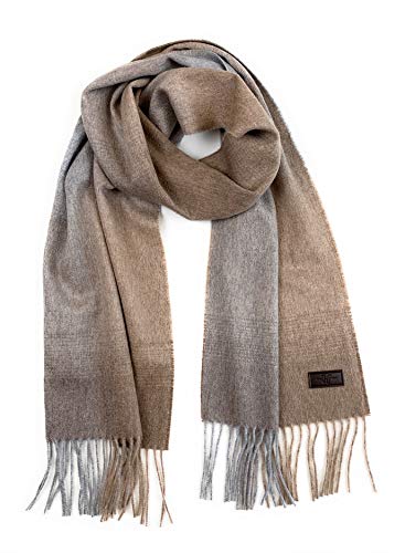 Hickey Freeman Patterned 100% Italian Cashmere Scarf for Men – Ultra-Soft Men’s Winter Scarves, 66-Inches x 12-Inches, Beige Ombre Plaid