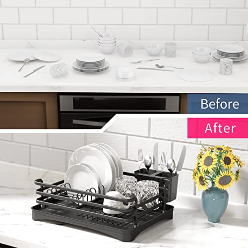 HOWDIA Dish Drying Rack, Aluminum Rust Proof Dish Rack with Swivel Spout Drying Tray, Removable Cutlery Holder for Kitchen Counter