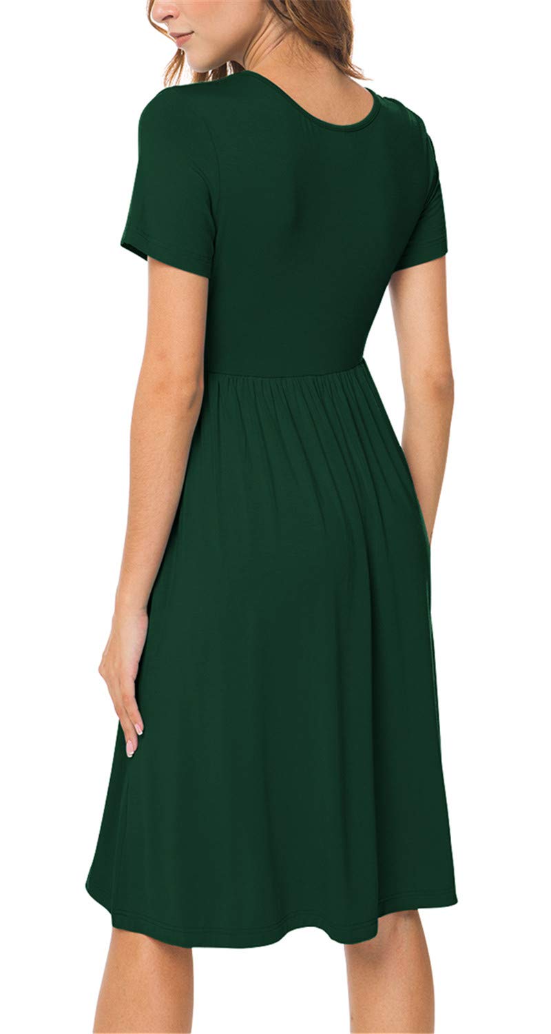DB MOON Women Summer Casual Short Sleeve Dresses Empire Waist Knee Length Dress with Pockets (Dark Green, S)